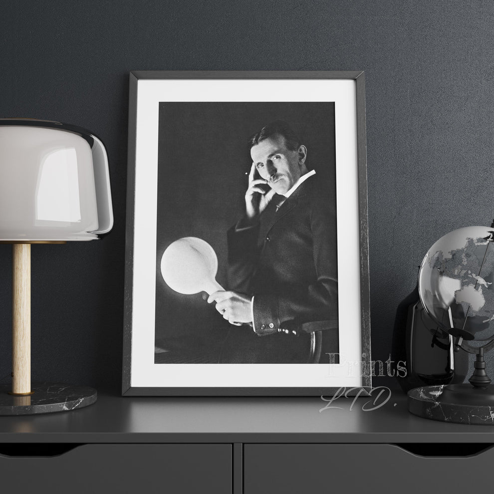 Nikola Tesla With Electric Light Bulb Art Prints – Prints Limited