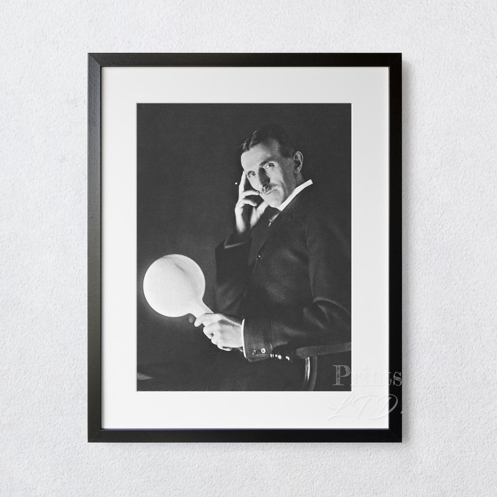 Nikola Tesla With Electric Light Bulb Art Prints – Prints Limited